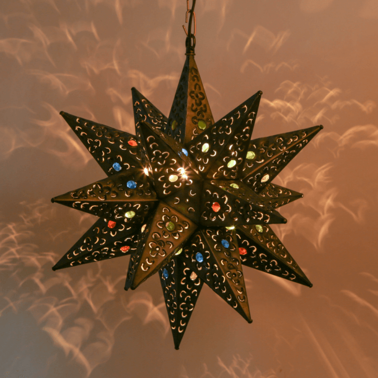 16” Mexican Tin Star Lights with Flower Cutouts and Marbles
