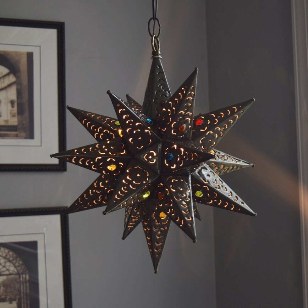 16” Mexican Tin Star Lights with Flower Cutouts and Marbles