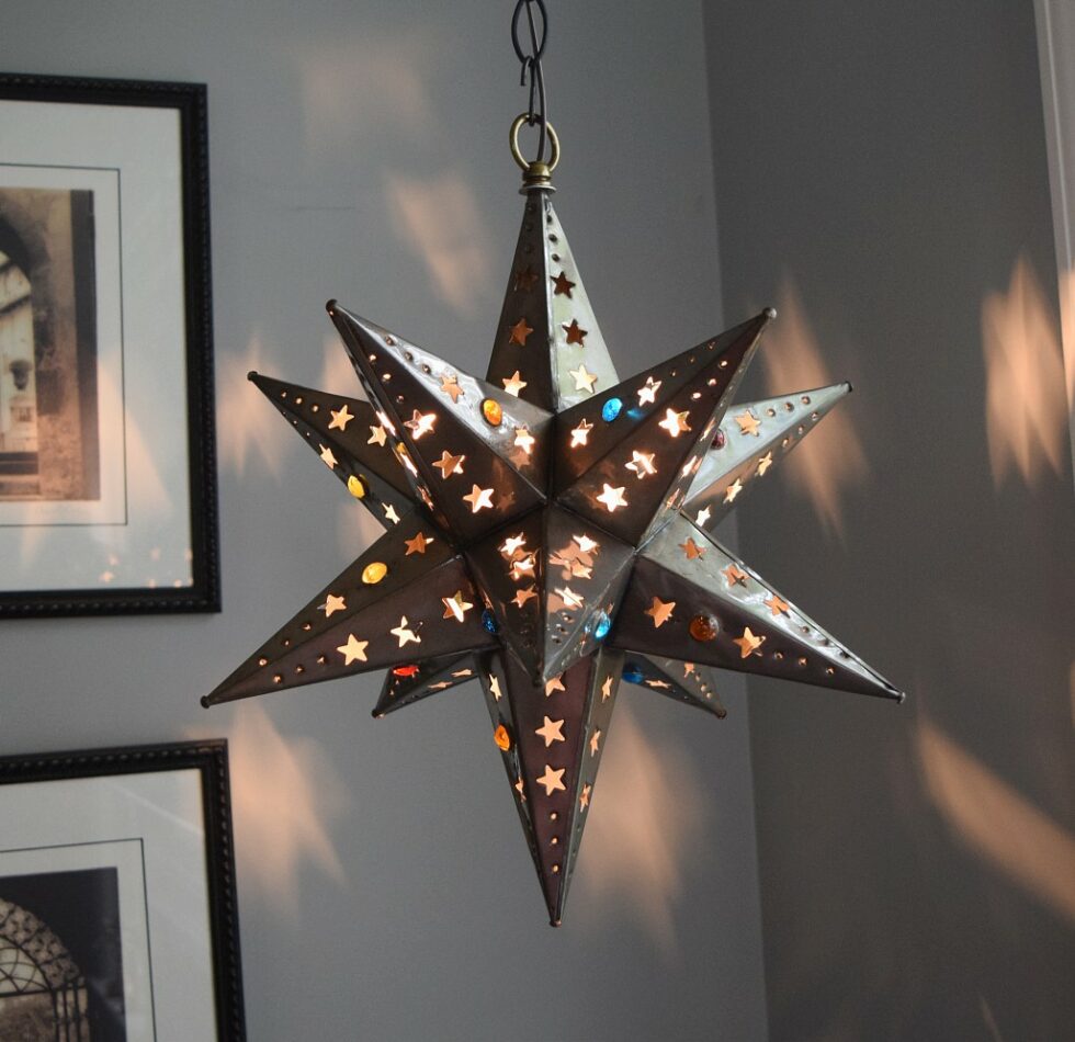 16” Tin Mexican Star Lights with Star Cutouts and Marbles