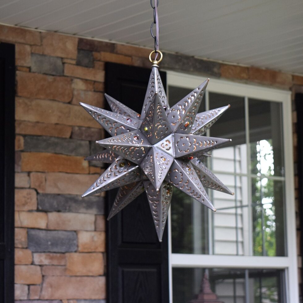 16” Mexican Tin Star Lights with Flower Cutouts and Marbles